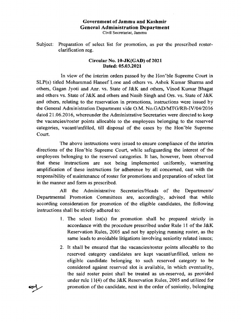 J&K Promotion Roster Guidelines 2021 | PDF | Government | Justice