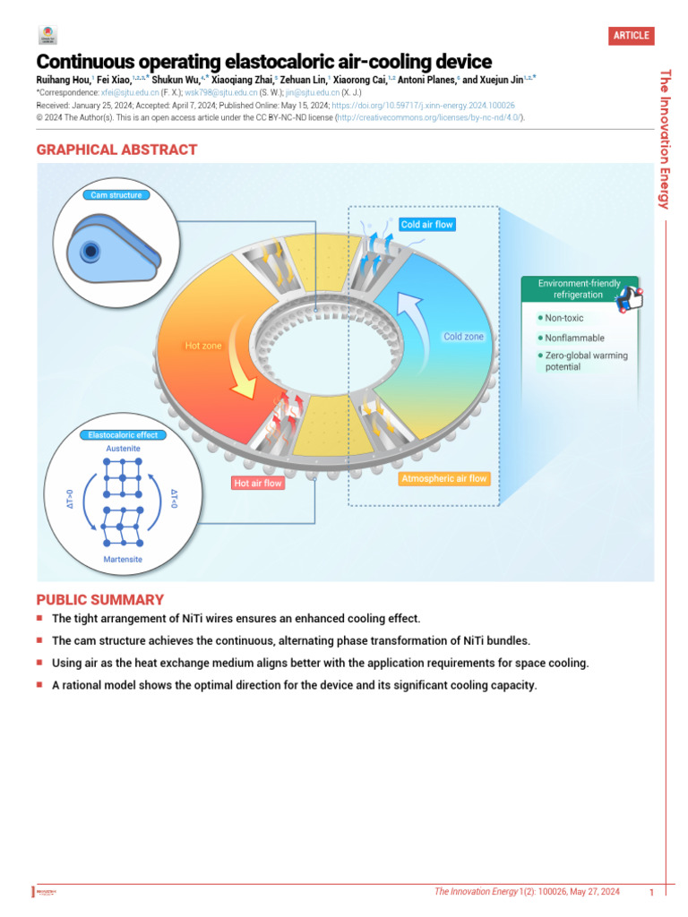 Continuous Operating Elastocaloric Air-Cooling Device: Graphical ...