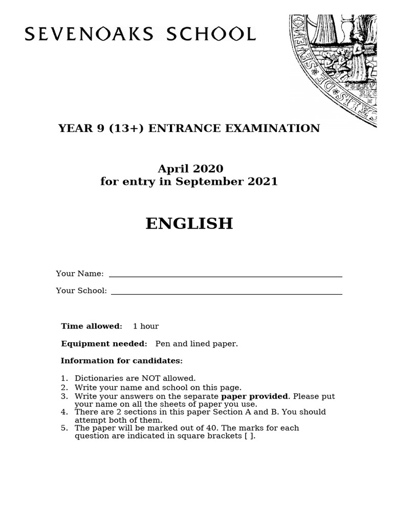 English Y9 Entrance 2021 | PDF