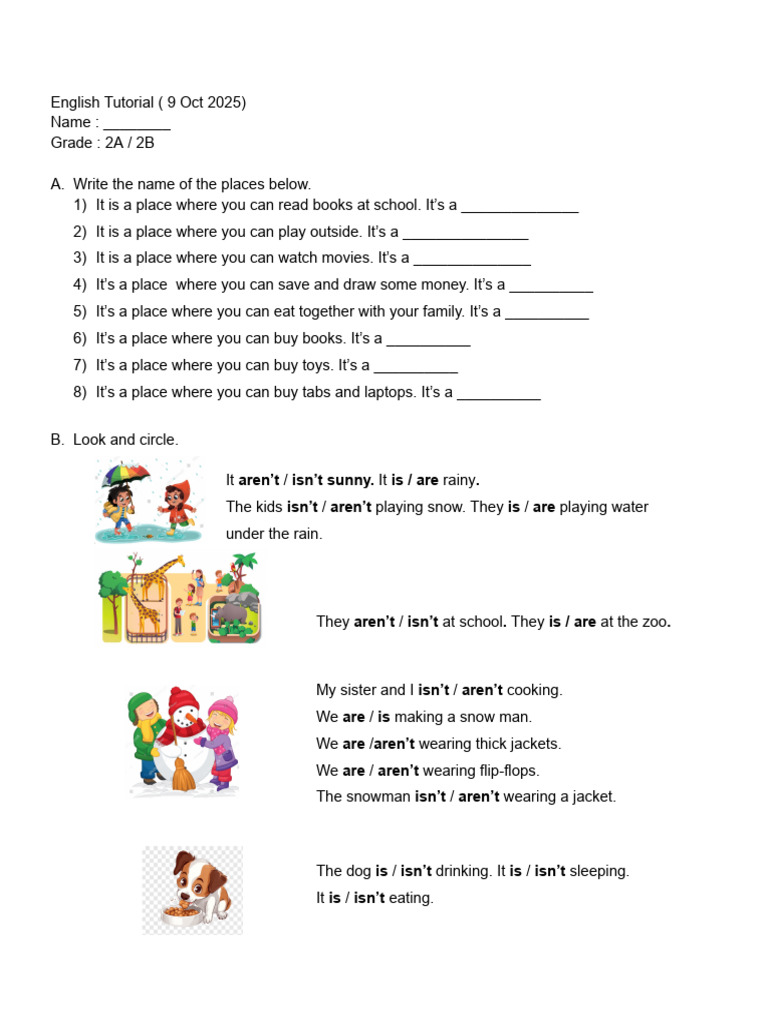 Grade 2 English Place and Action Quiz | PDF