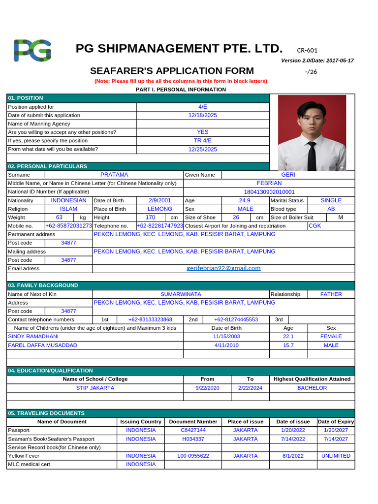 Form CR-601 Seafarer's Application Form PG | PDF