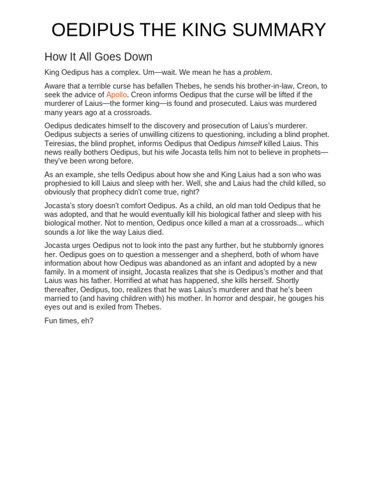 4.summary of King Oedipus and at Oedipus Colonus | PDF | Oedipus ...