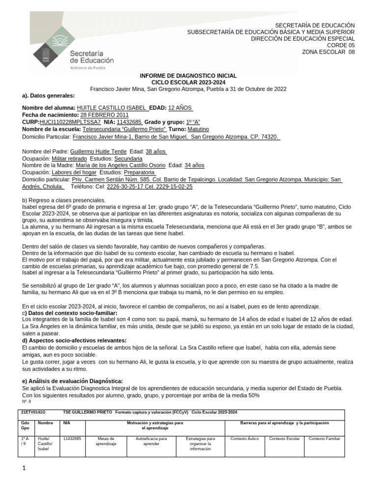 1º A Huitle Castillo Isabel Infor de Detec Inic 2023 | PDF | Salón de ...
