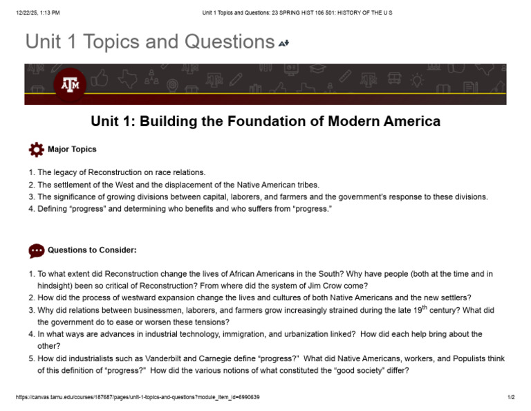 Unit 1 Topics and Questions - 23 Spring Hist 106 501 - History of The U ...