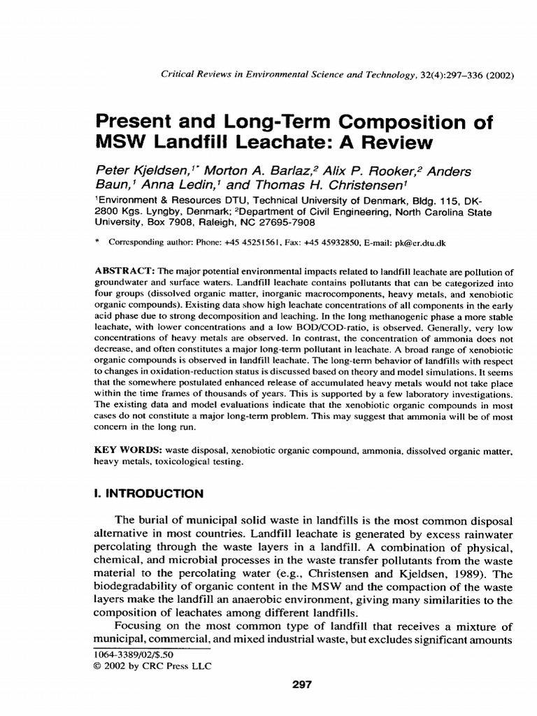 Present and Long-Term Composition of MSW Landfill Leachate: A Review ...