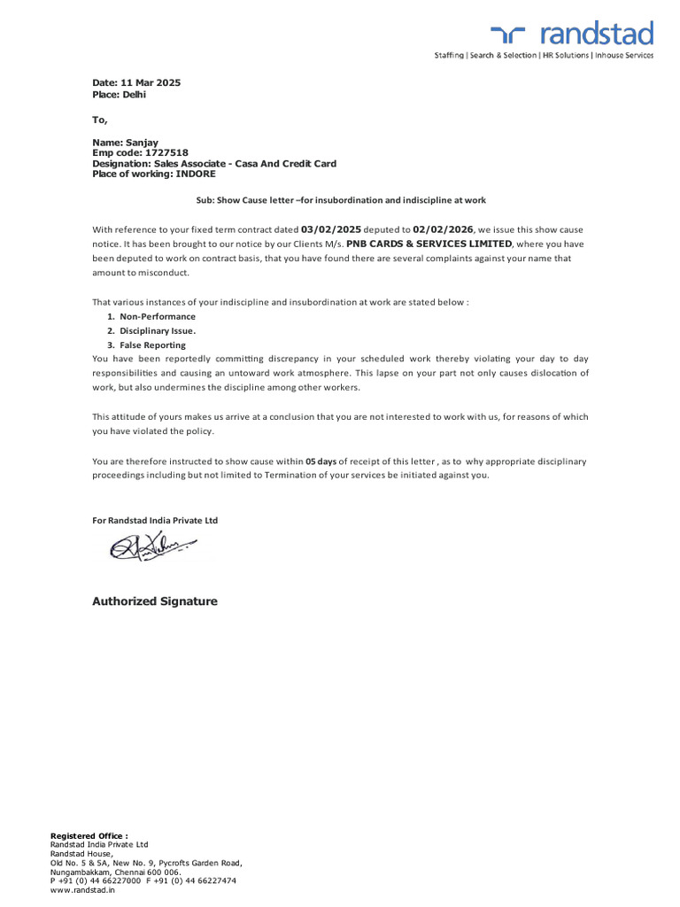 Sub: Show Cause Letter - For Insubordination and Indiscipline at Work | PDF