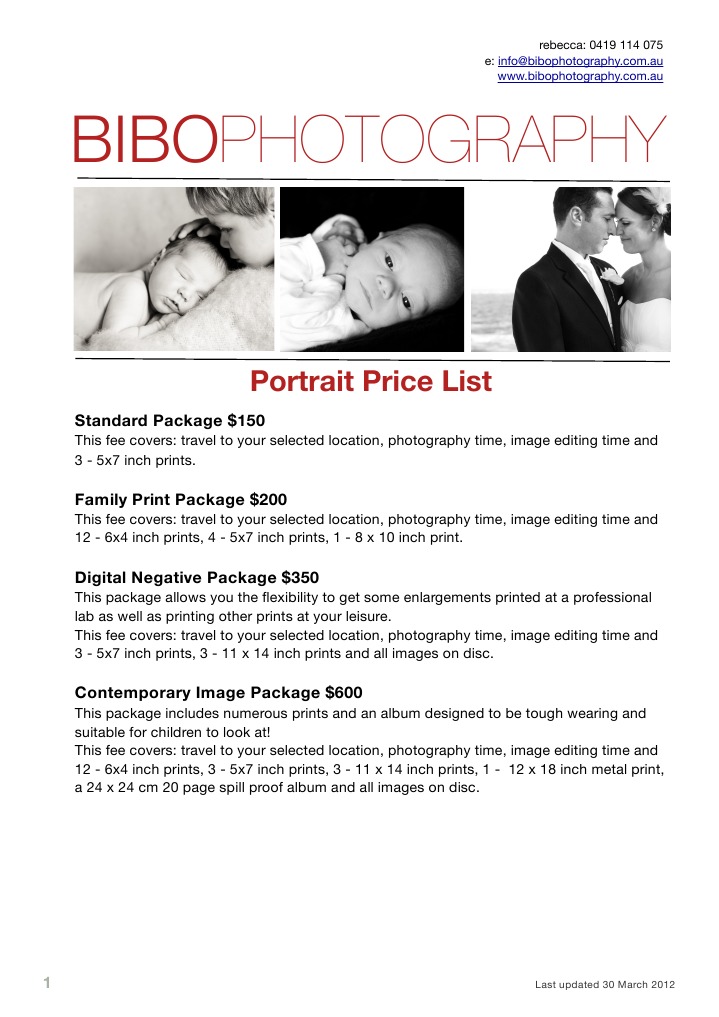 Portrait Price List - Bibo Photography - MAR 2012 | PDF | Home & Garden