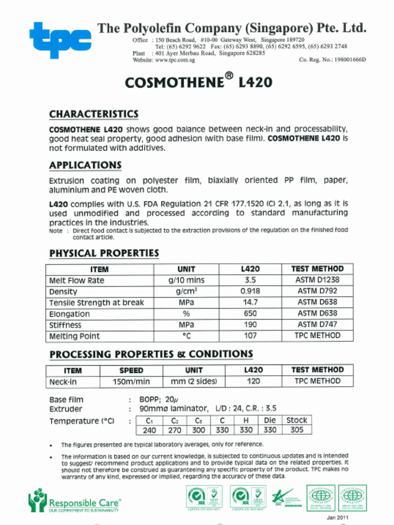 Cosmothene l420 Product Data Sheetpdf | PDF