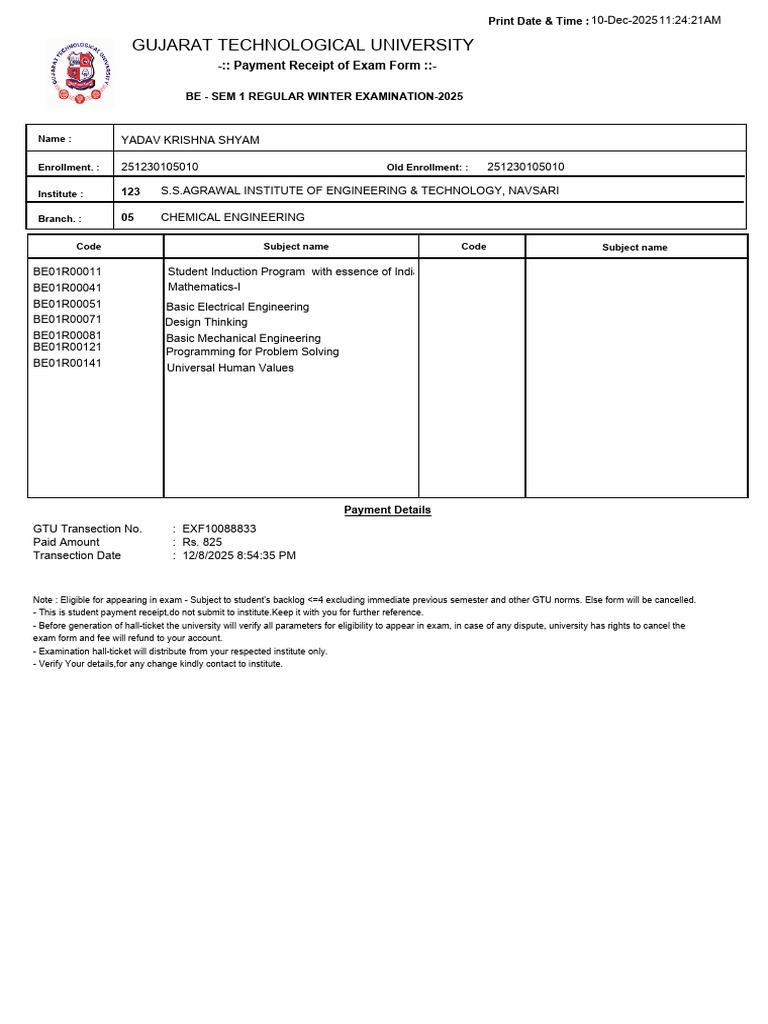 GTU Exam Form Payment Receipt 2025 | PDF