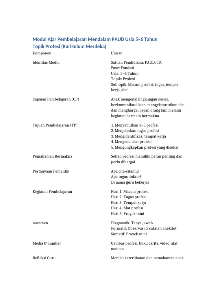 Modul Ajar Profesi untuk PAUD 5-6 Tahun | PDF