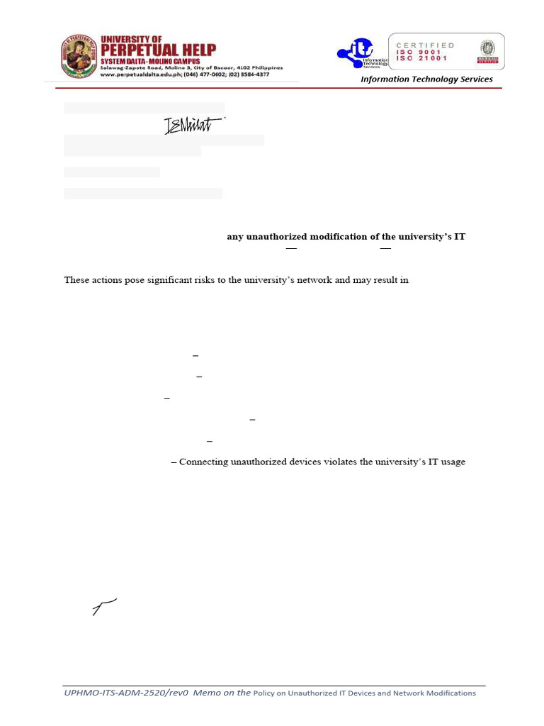 Memo For The Policy On Unauthorized IT Devices and Network ...