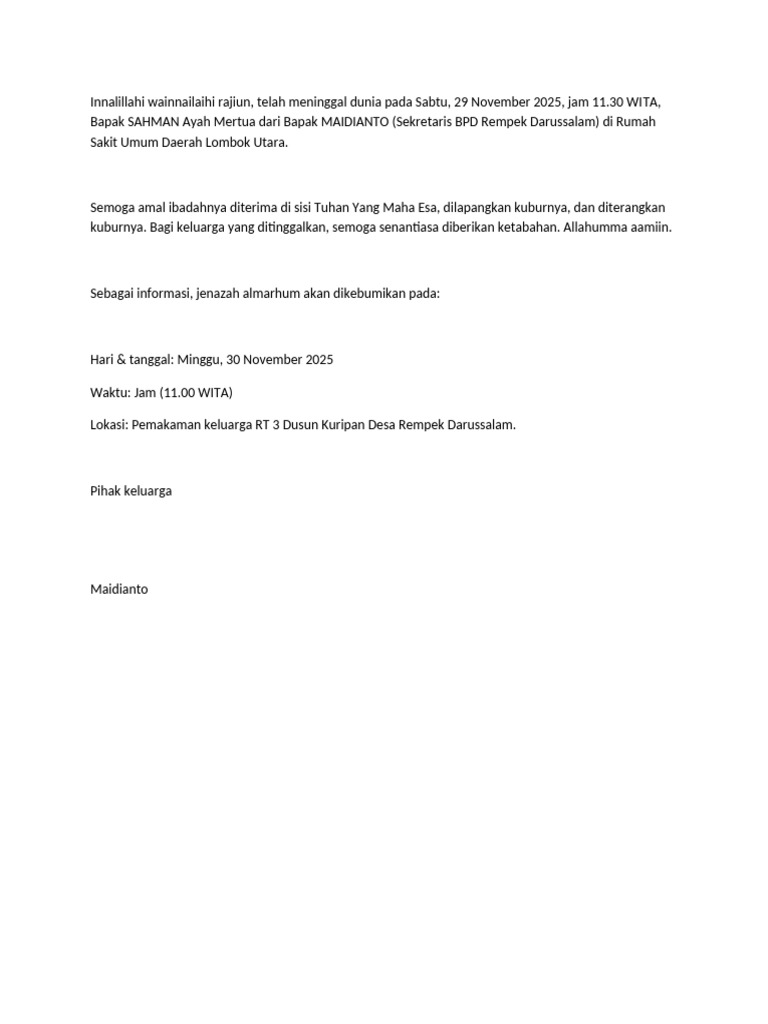 Berita Duka (AQ. Sahman) | PDF
