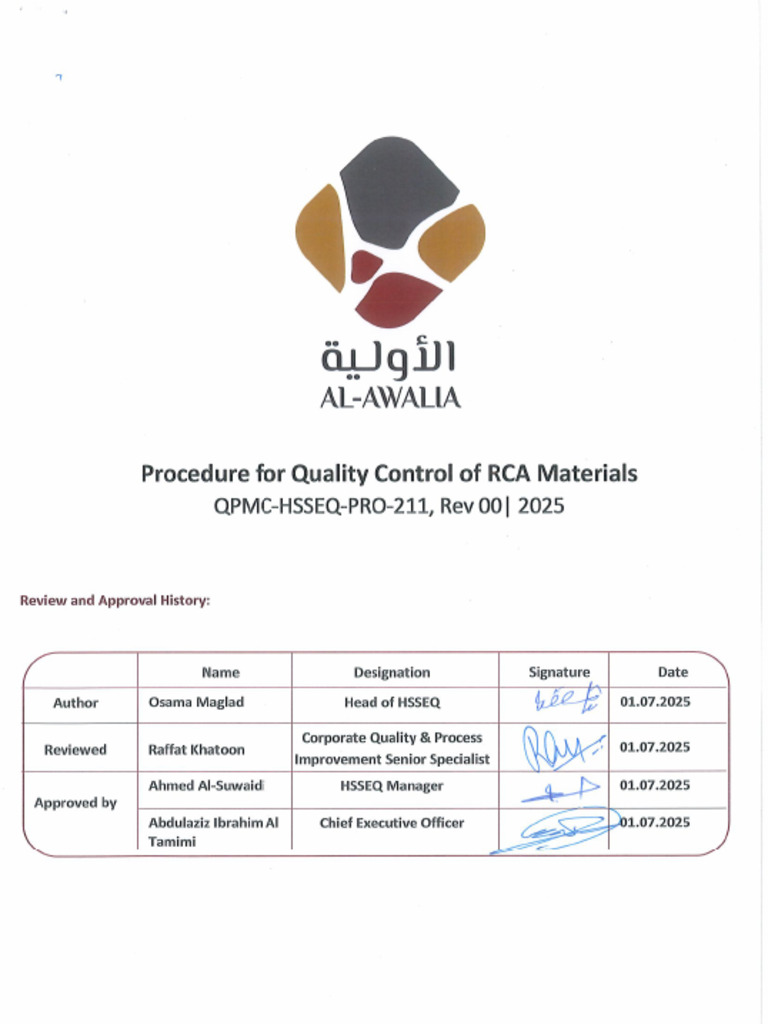 Procedure For Qulity Control of RCA Materials | PDF