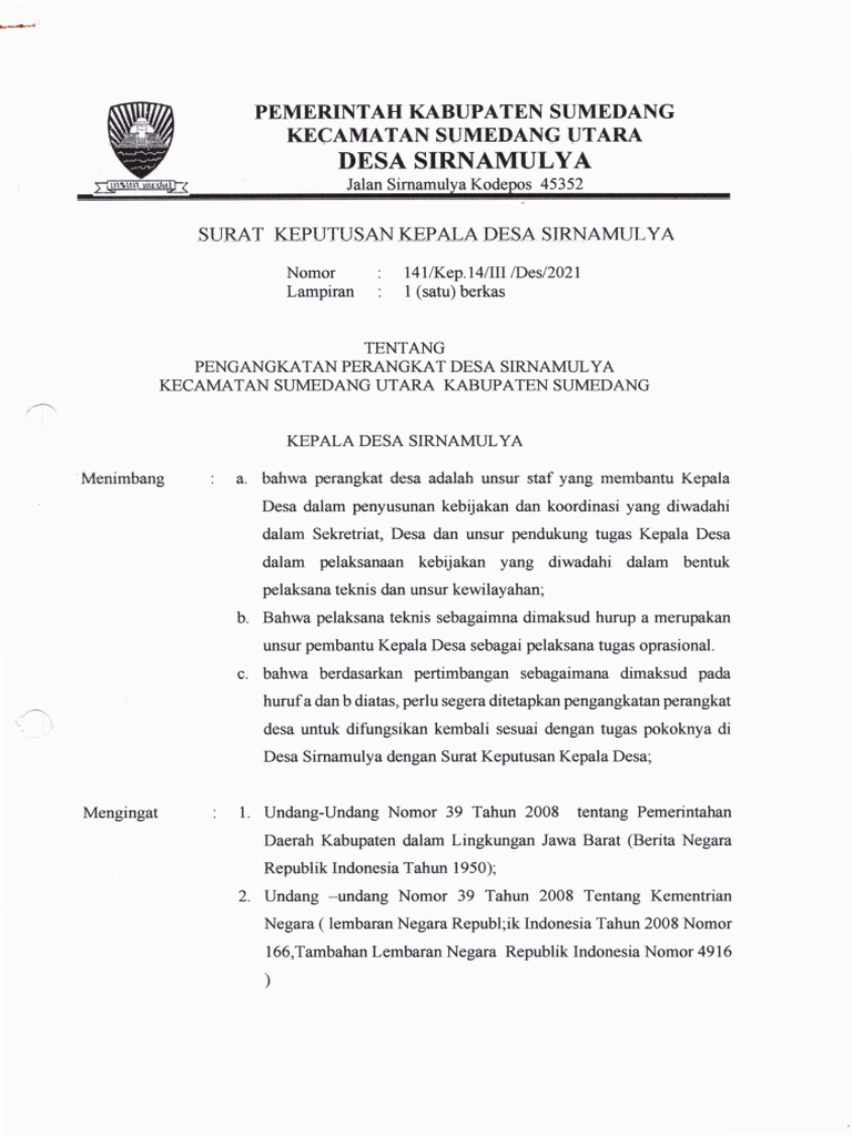 SK Perangkat Desa Ta 2021 | PDF