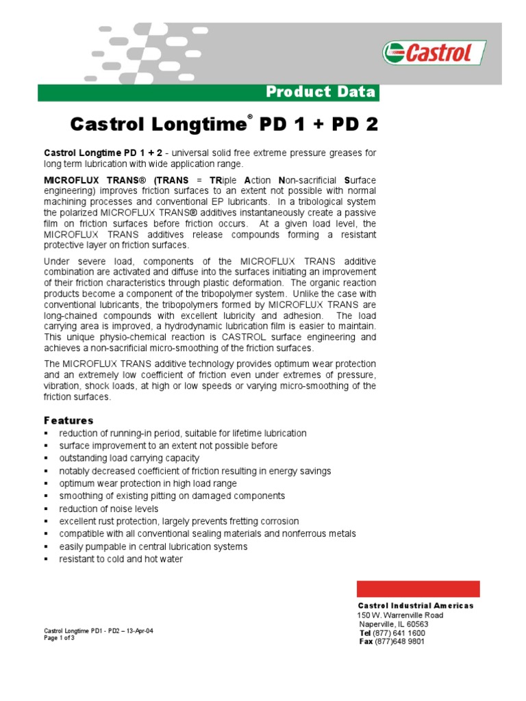 Castrol Longtime PD1 & PD2 Product Data Sheet | PDF | Bearing ...