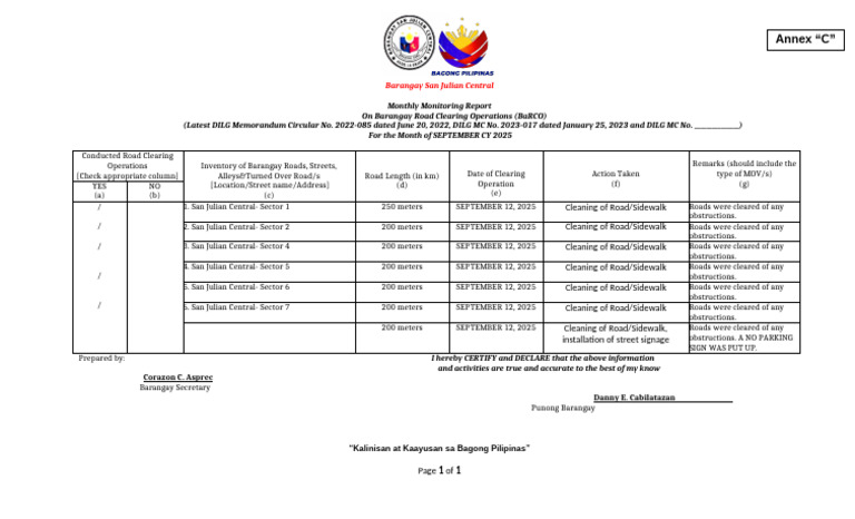 Annex C Barangay BaRCO Monthly Monitoring Report Template With PB S ...