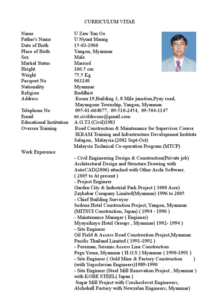 Curriculum Vitae (U Zaw Tun Oo) | PDF | Myanmar | Engineering