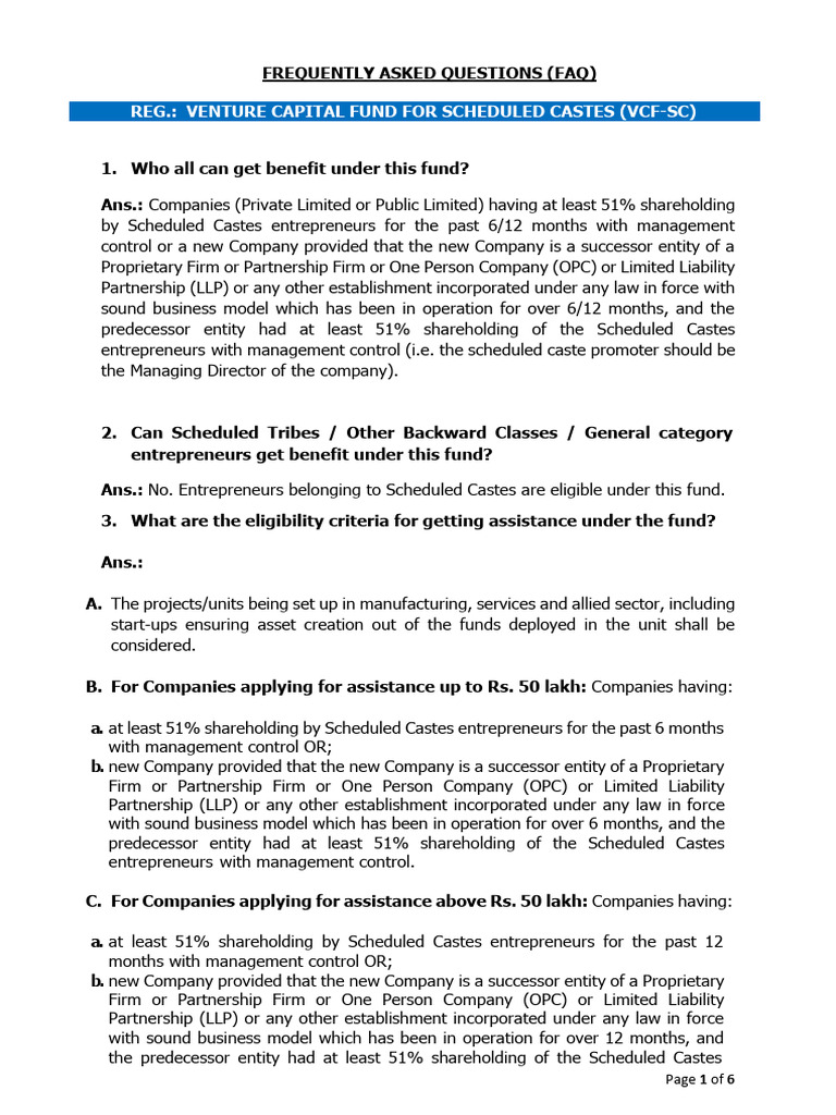 Venture Capital Fund for Scheduled Castes | PDF | Limited Liability ...