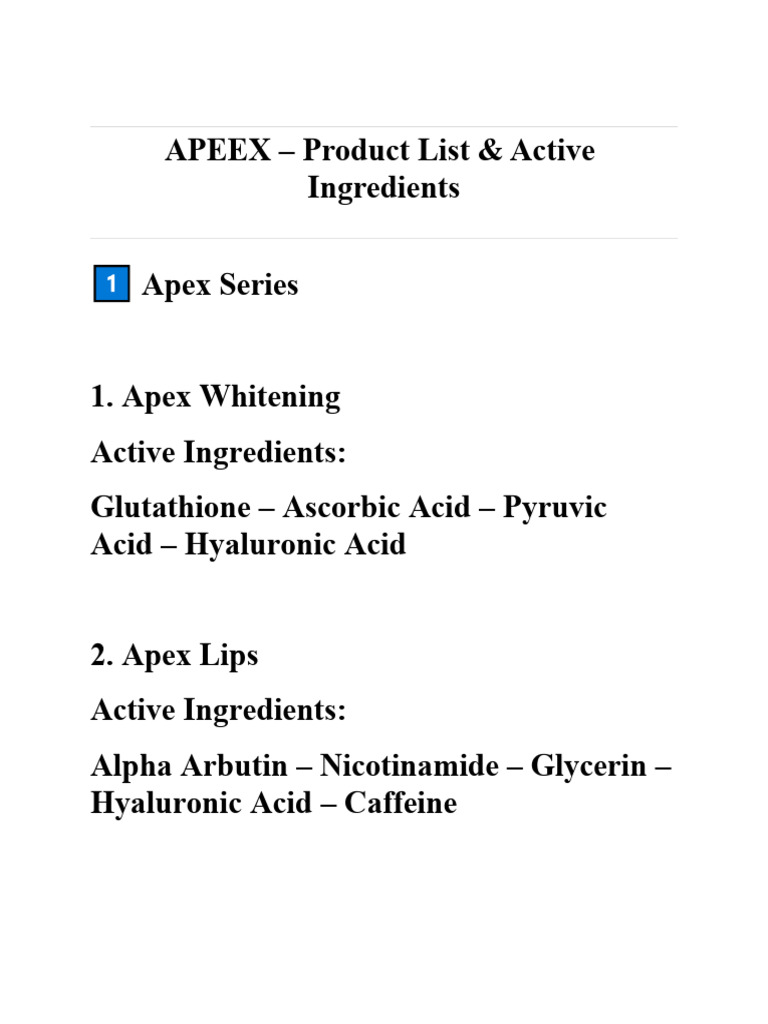 Apex Product List & Ingredients Guide | PDF