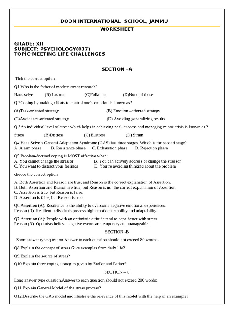 Revision Worksheet of Psychology U-3. | PDF | Stress (Biology) | Psychology