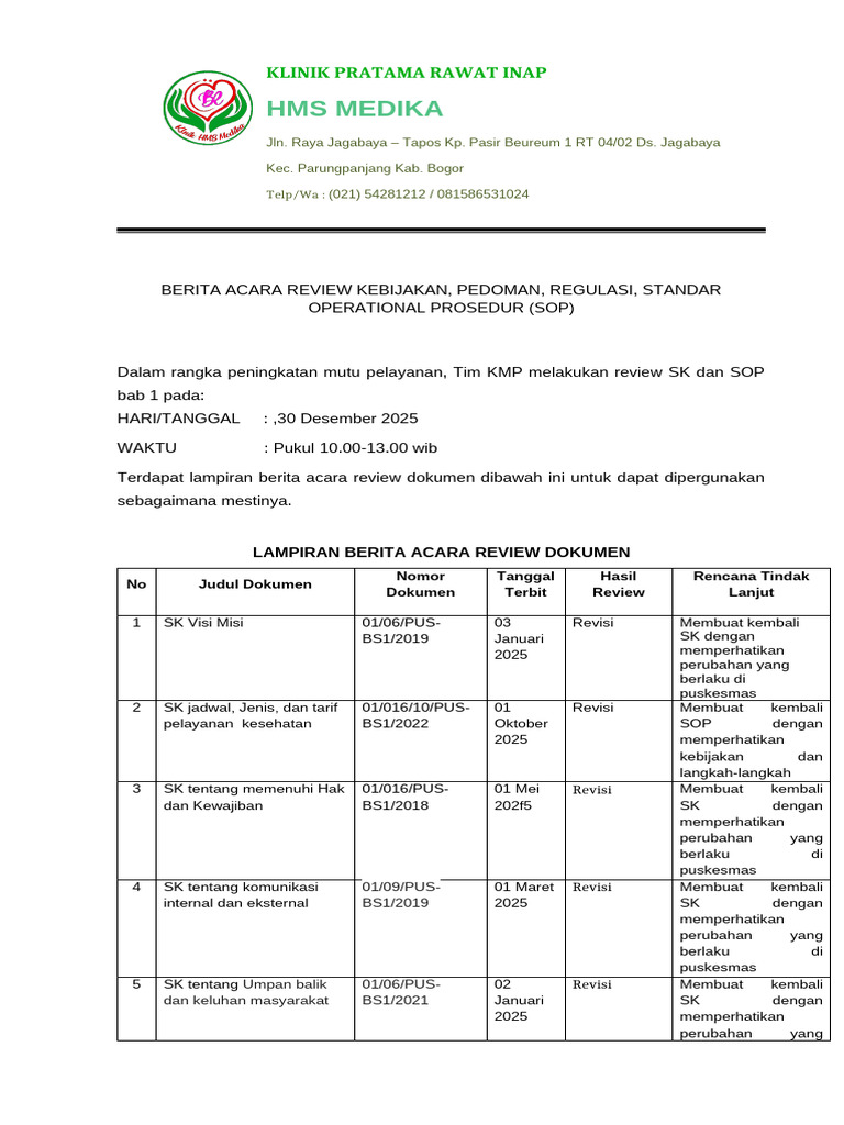 Review SOP Klinik Pratama HMS Medika | PDF