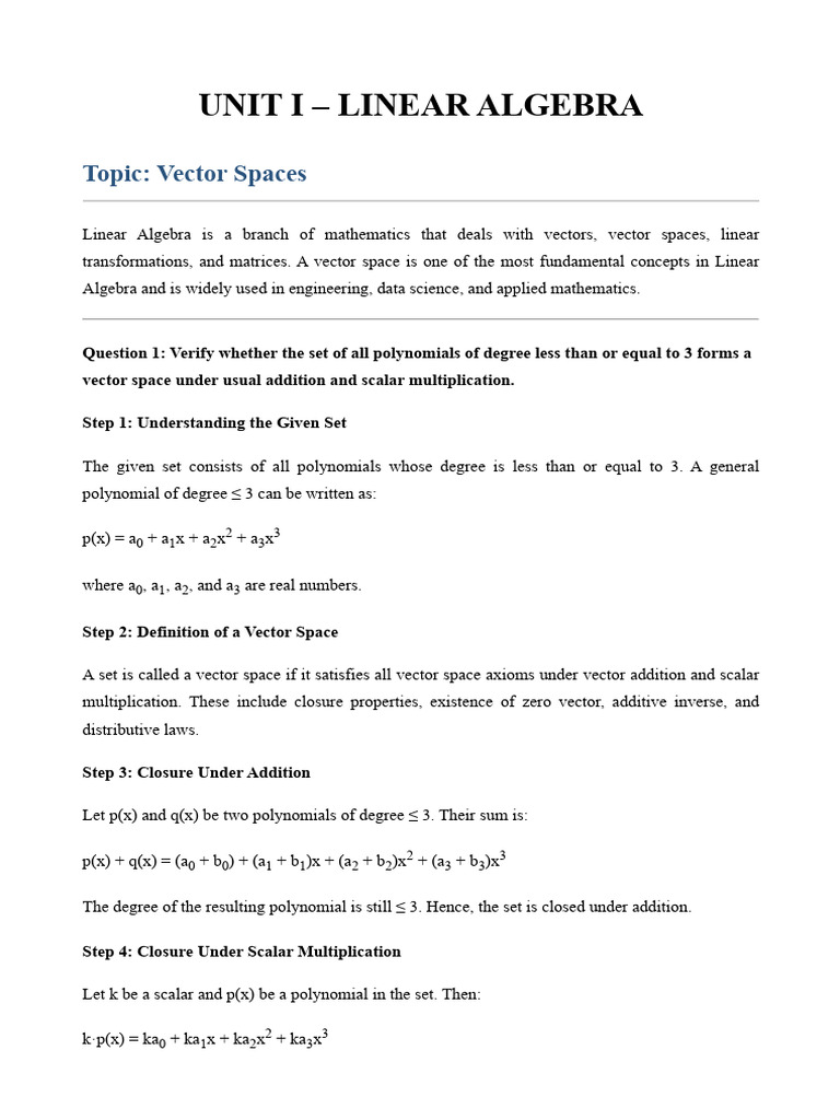 Vector Spaces in Linear Algebra | PDF | Vector Space | Basis (Linear ...