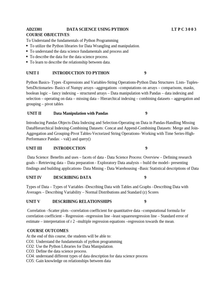 AD23301 DATA SCIENCE Syllabus | PDF | Data | Statistics