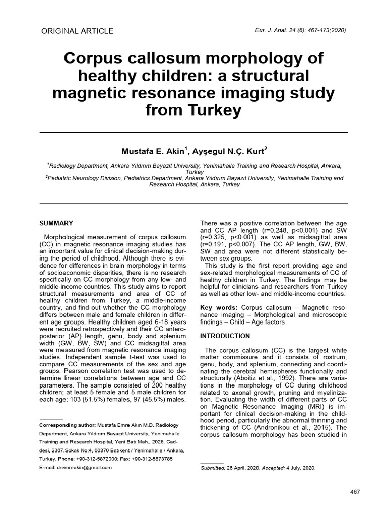 Corpus Callosum Morphology of Healthy Children - A Structural Magnetic ...