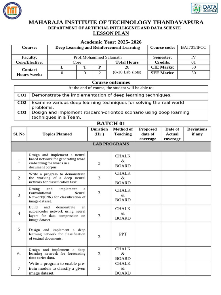 Deep Learning Lab Lesson - Plan - Format - Batch 1 | PDF | Databases ...