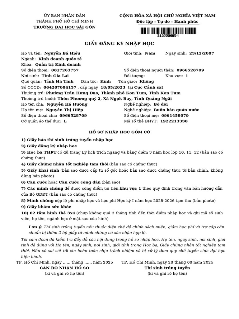 Giay Dang Ky Nhap Hoc | PDF