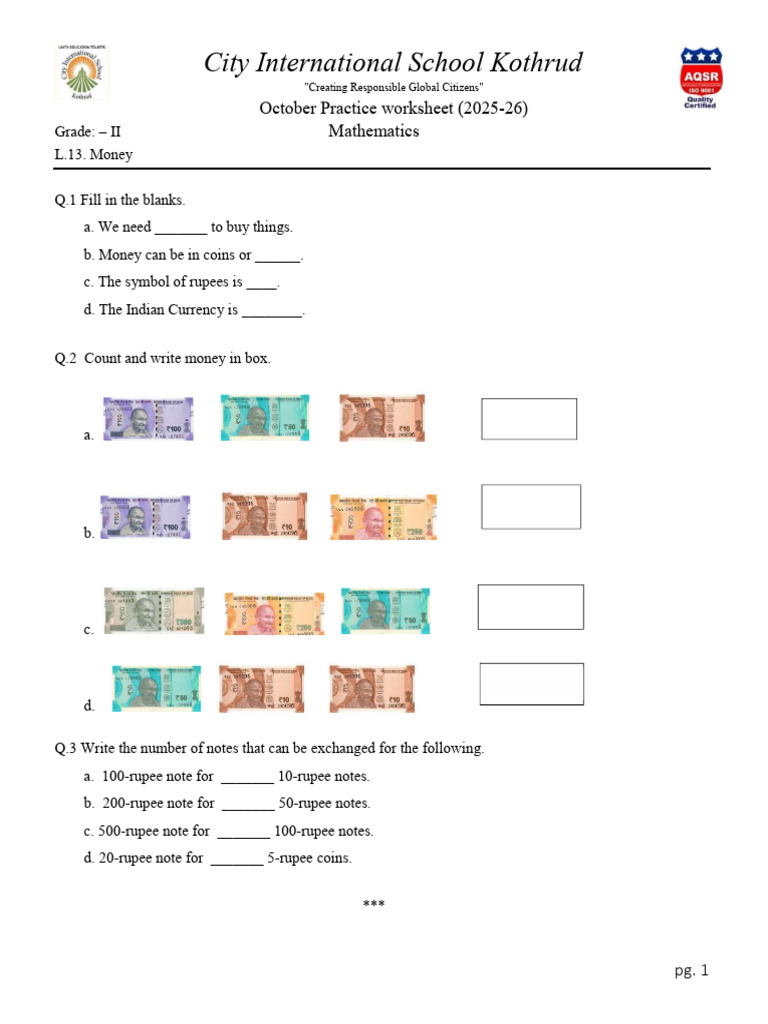 Grade 2 Maths October Practice Worksheet (2025-26) | PDF