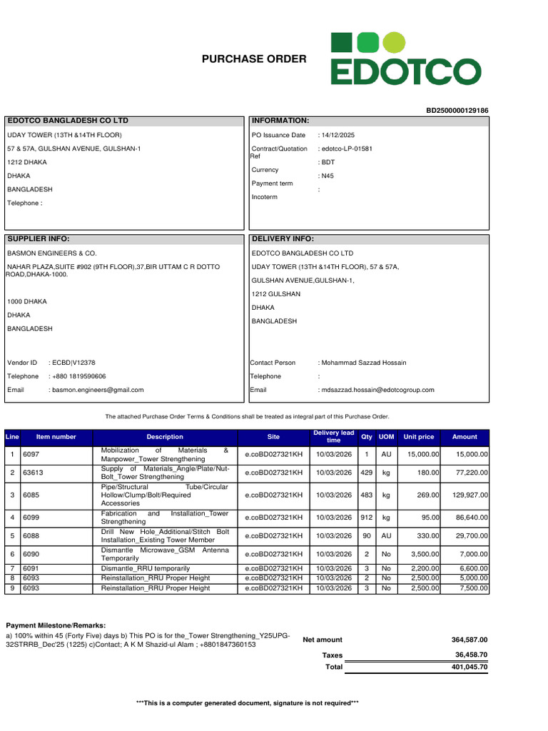 Purchase Order: Edotco Bangladesh Co LTD Information | PDF | Taxes ...