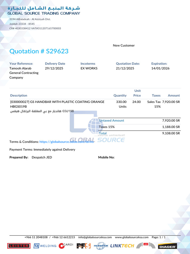 Quotation S29623 for GS Handbar Order | PDF