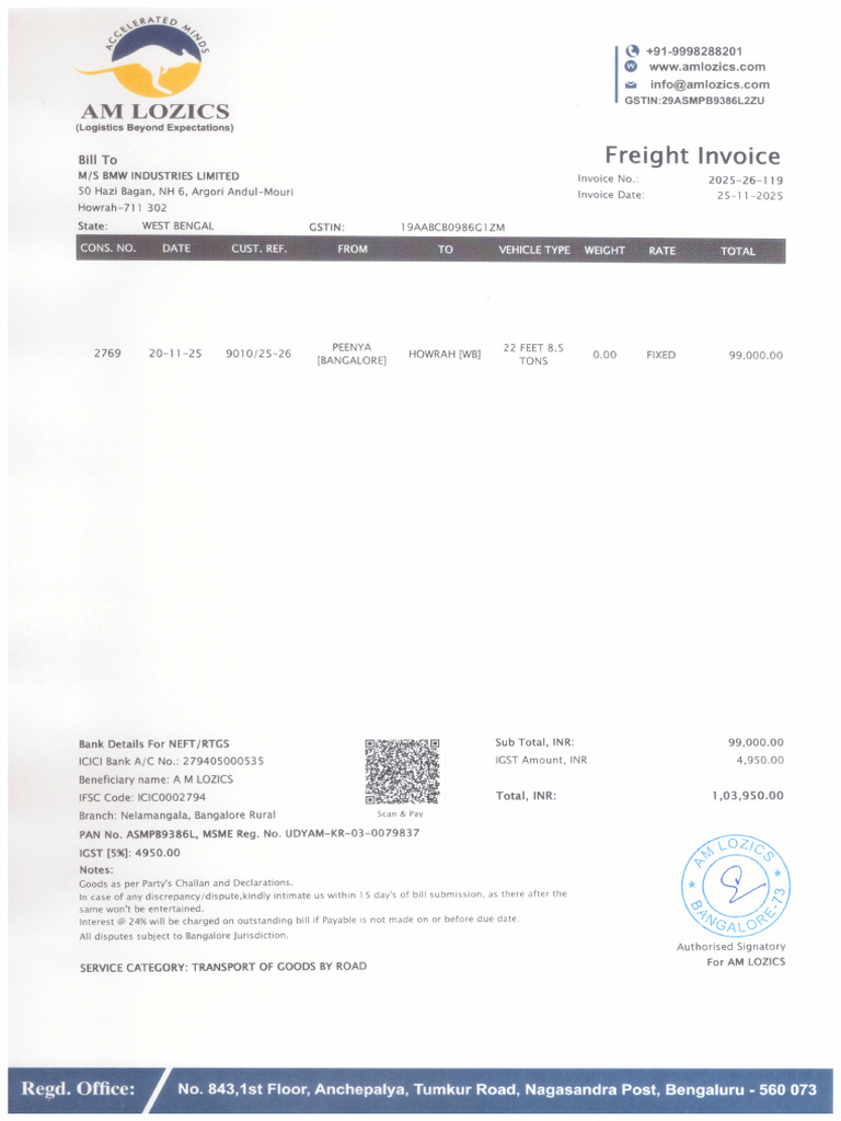 Invoice No. 2025-26-119 - BMW Industries Ltd. | PDF