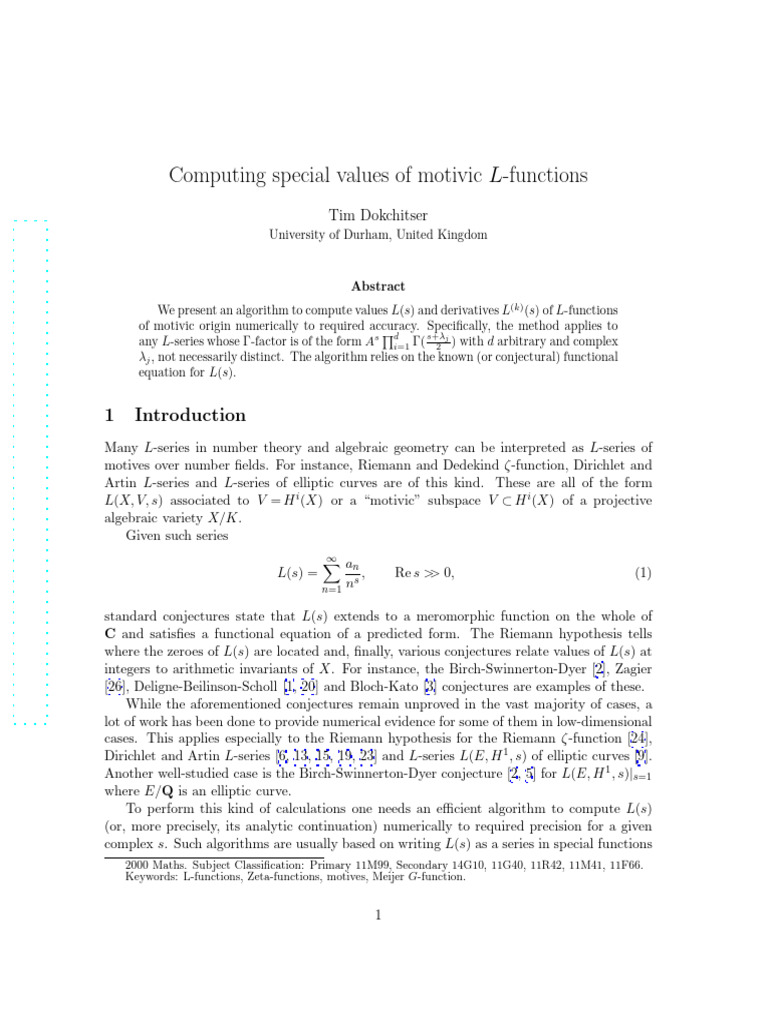 Computing Special Values of Motivic L-Functions | PDF | Mathematical ...