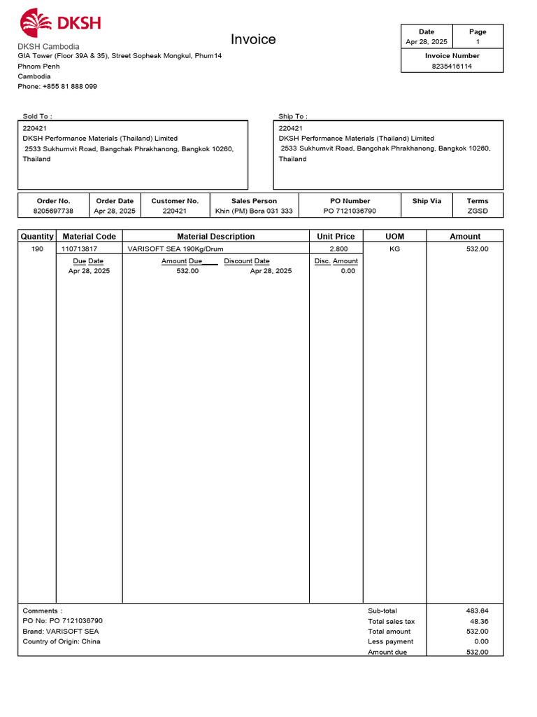 Invoice for VARISOFT SEA Order 8205697738 | PDF | Accounting
