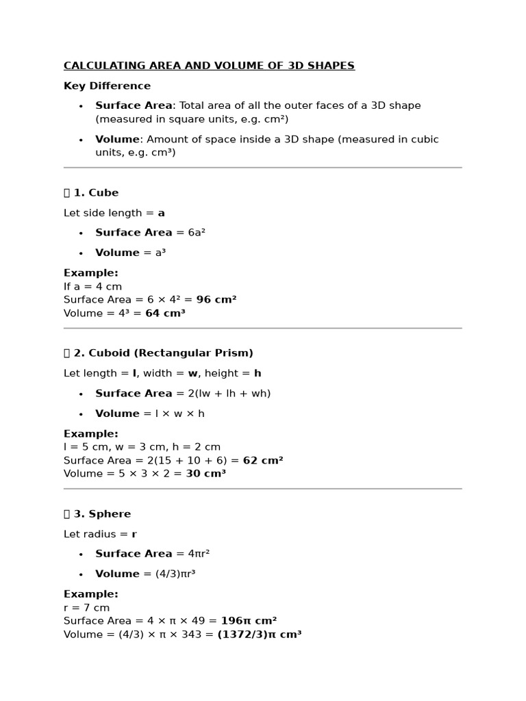 Calculating Area and Volume of 3d Shapes | PDF