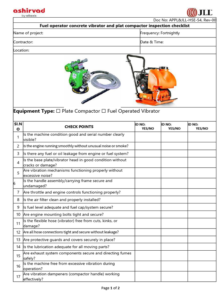54.plate Compactor & Fule Operated Vibrator Inspection Checklist | PDF ...
