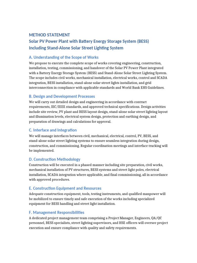 Solar PV Plant & BESS Method Statement | PDF | Photovoltaic System ...