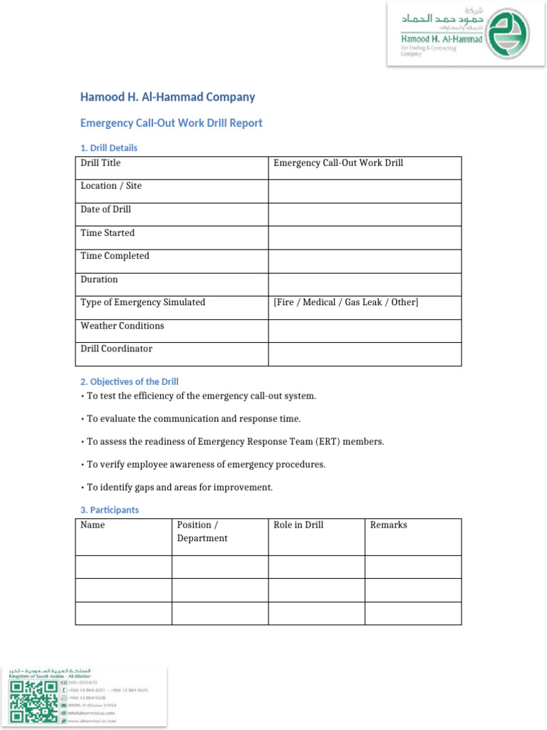 Emergency Call Out Work Drill Report Hamood H. Al-Hammad | PDF | Safety
