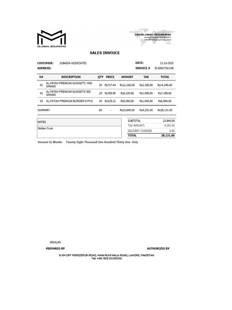 Sales Invoice for Zubaida Associates | PDF