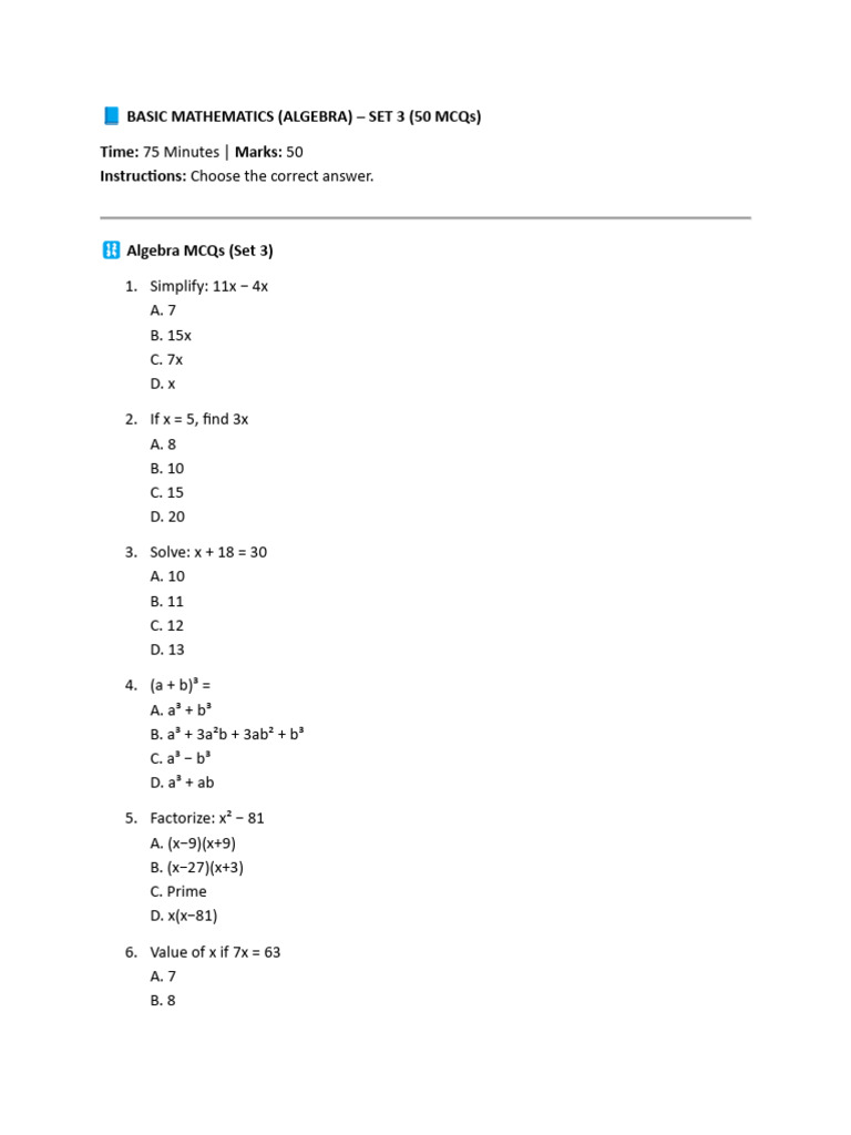 Basic Mathemetics (Algebra) MCQ Set 3 With ANS | PDF | Chess | Chess Theory
