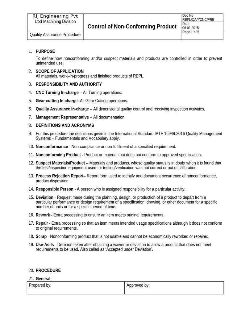 Non-Conforming Product Control Procedure | PDF | Quality Assurance ...