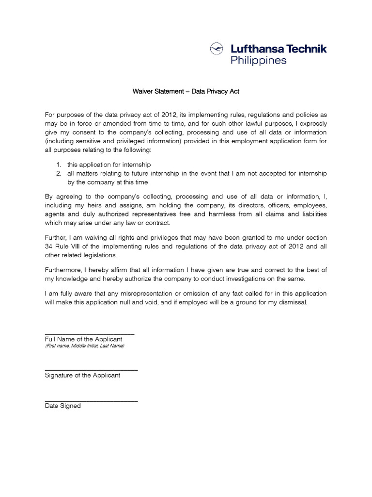 Internship Data Privacy Waiver Form | PDF