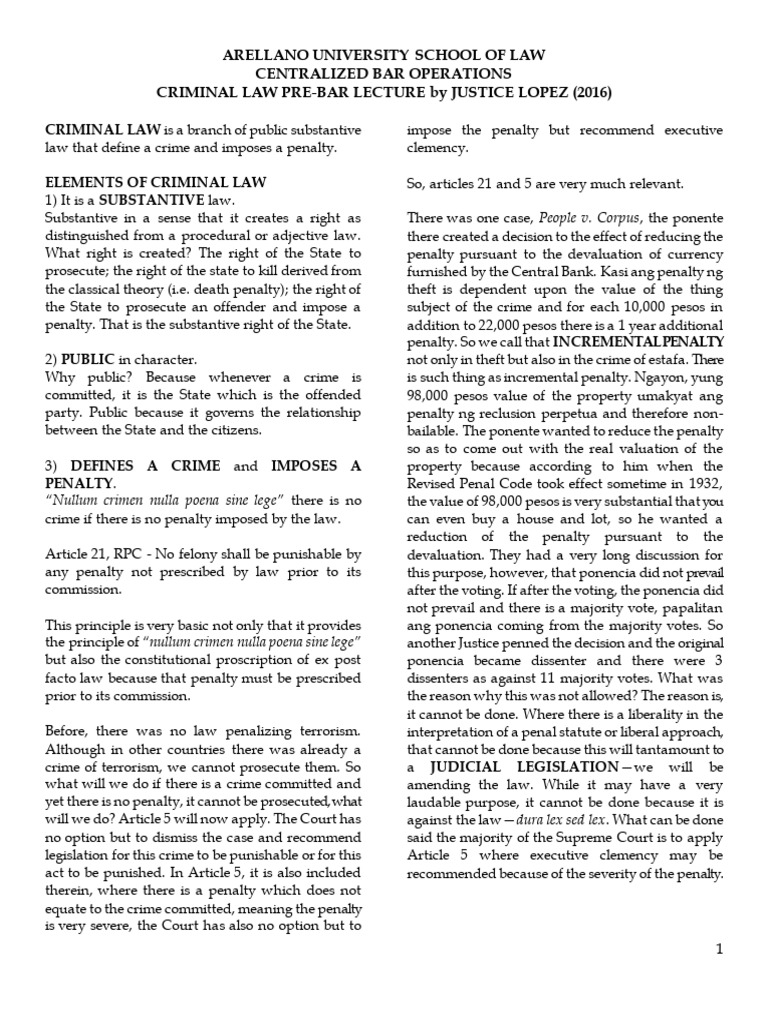 Justice Lopez 2016 Pre Bar Lecture 2 2 | PDF | Mens Rea | Crimes