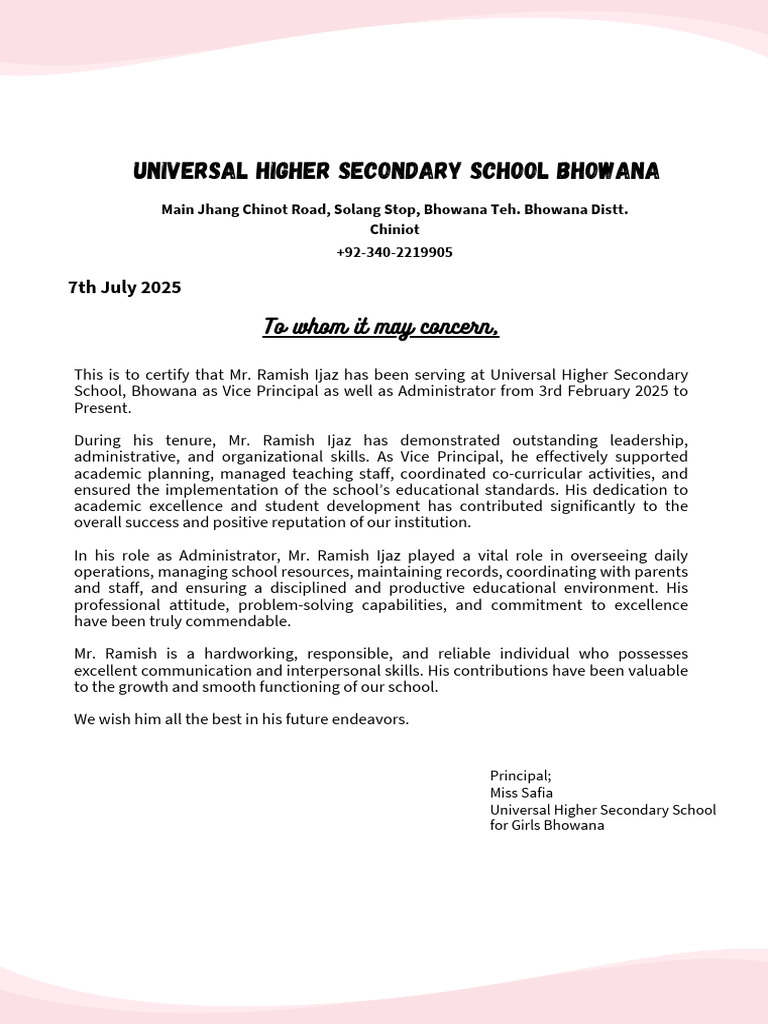 Vice Principal Experence Letter UC | PDF