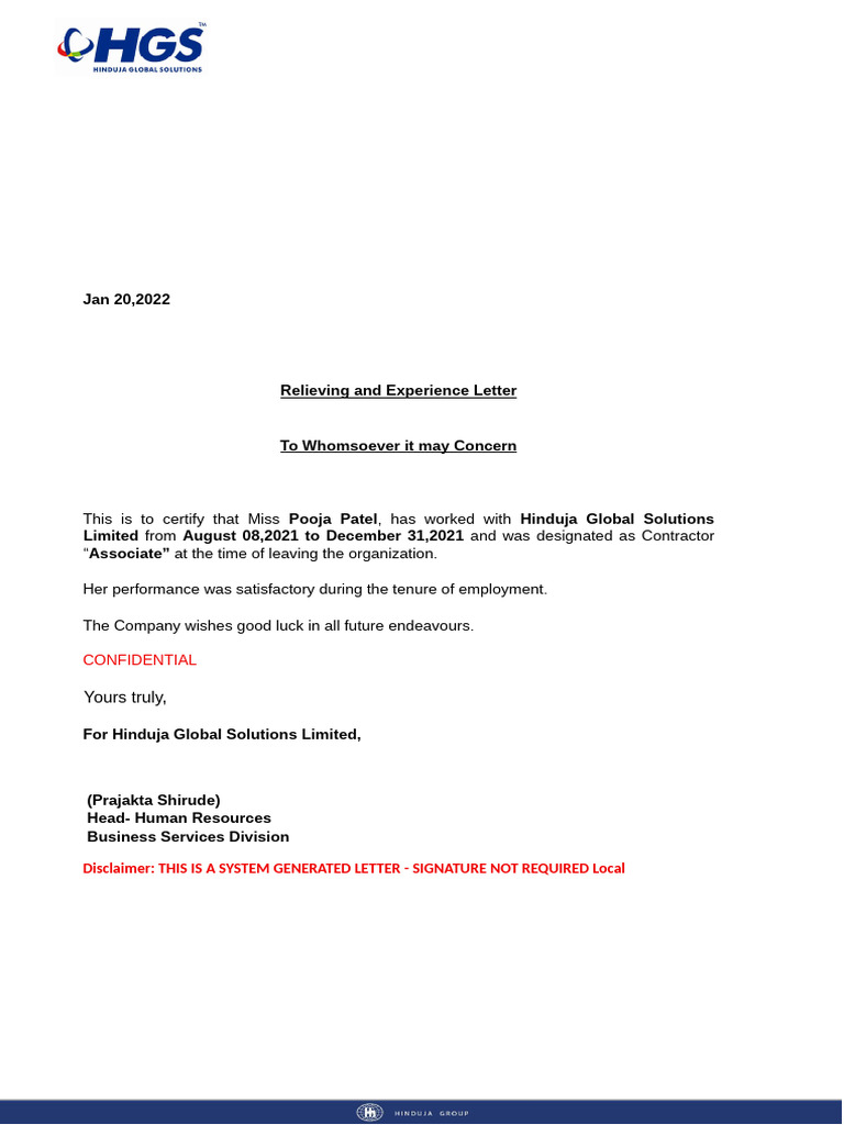 HGS Releaving Letter | PDF