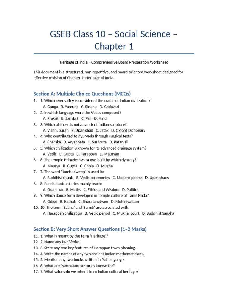 GSEB Class 10 Social Science Heritage Worksheet | PDF | Vedas | Sanskrit