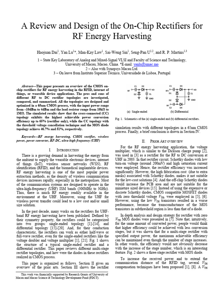 On-Chip Rectifiers for RF Energy Harvesting | PDF | Rectifier | Mosfet