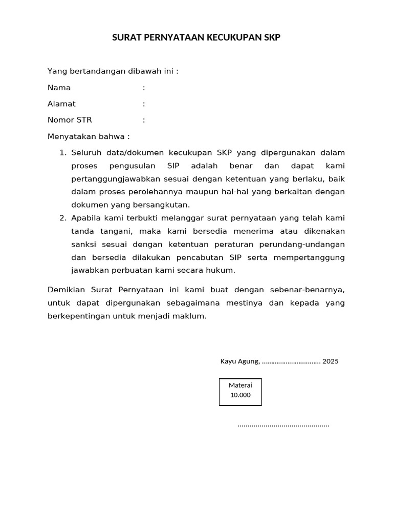Surat Pernyataan Kecukupan Skp-1 | PDF
